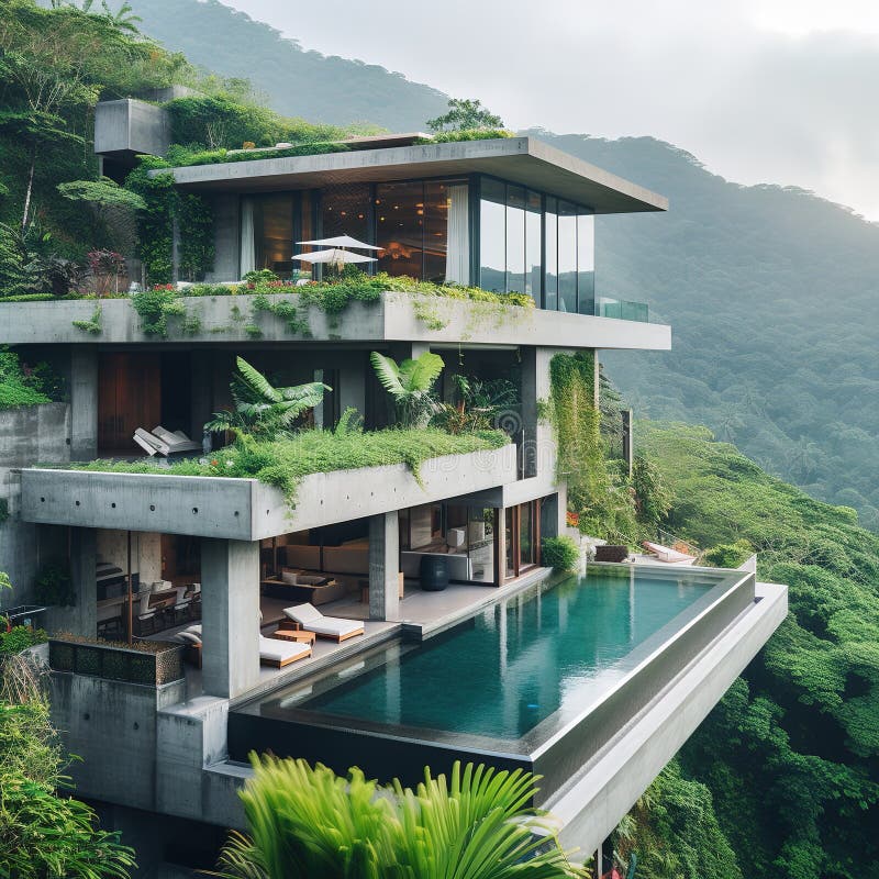 A Five Story House Built into the Side of a Lush Green Mountain with a ...