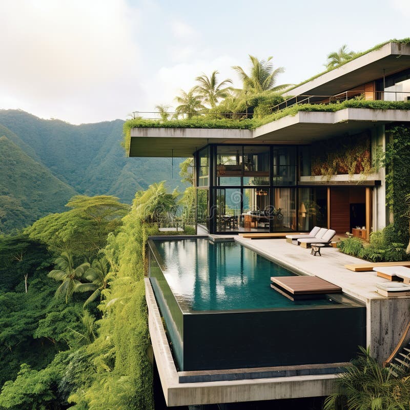 A Five Story House Built into the Side of a Lush Green Mountain with a ...