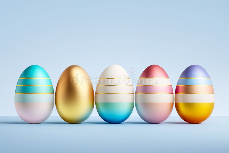 Five Striped Easter Eggs on a Blue Background. a Row of Richly Colored ...