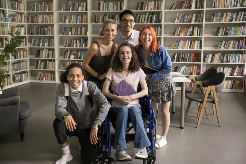 Five Students Posing for Camera in Library Stock Image - Image of ...