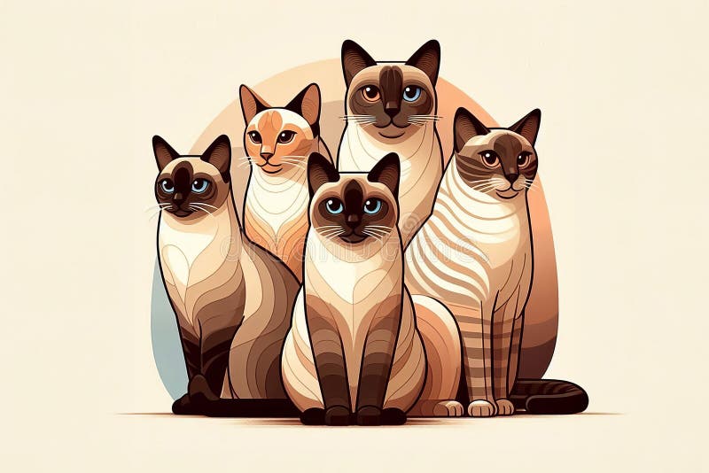 Five Stylized Cats Sitting in a Row, Each Distinct in Color and Shape ...