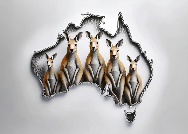 Five Kangaroos Arranged in a Row, Positioned within the Outline of the ...