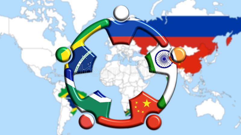 BRICS, Five Stylized Men Embracing in a Circle, with the Flags of the ...