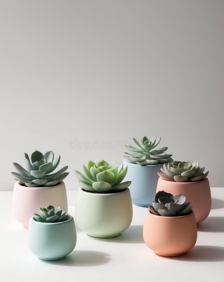 Five Succulents in Different Colored Pots. Stock Photo - Image of ...