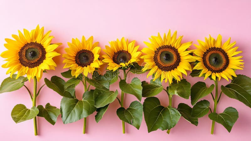 Five Sunflowers Arranged on Pink Background Stock Illustration ...