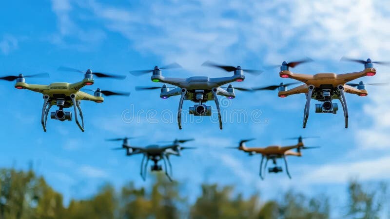 Five Surveillance Drones Flying in Formation, with Cameras and ...
