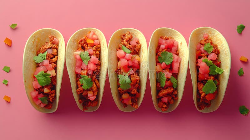 Five Tacos with Salsa and Cilantro on Pink Background Stock ...