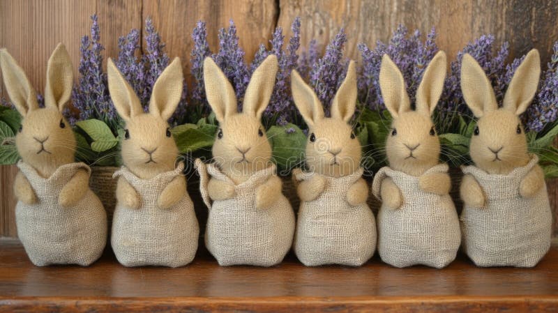 Five Tan Felt Rabbits with Lavender in Rustic Setting Stock ...