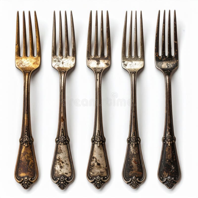 Five Tarnished Silver Forks on White Background Stock Illustration ...