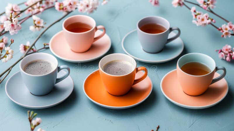 Five Teacups and Coffee Cups in Pastel Colors on a Blue Background with ...