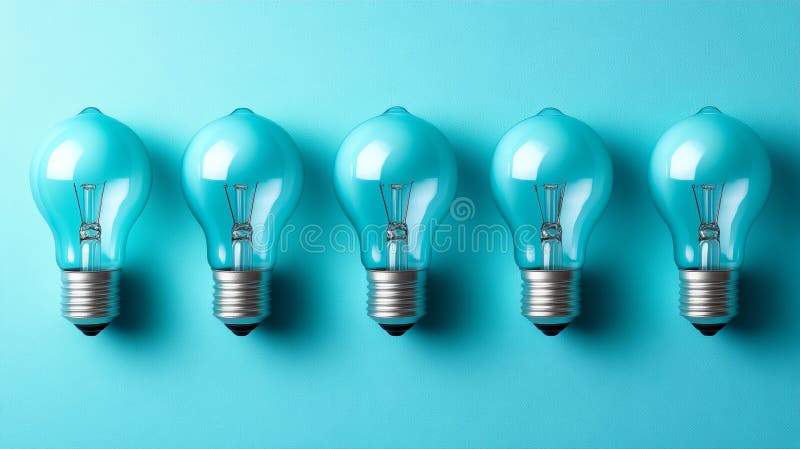 Five Teal Light Bulbs in a Row on a Blue Background. Innovation ...