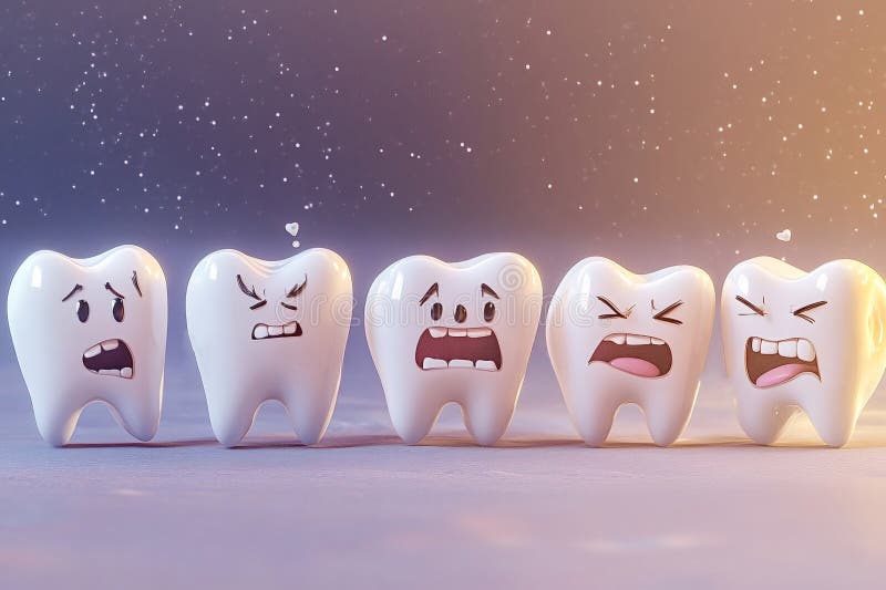 Five Teeth Showing Different Expressions of Toothache and Suffering ...