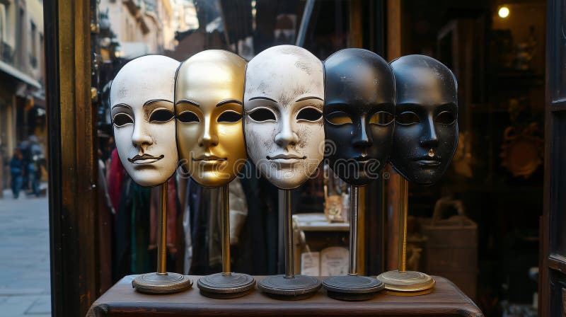 Five Theatrical Masks Displayed on Stands in a Shop Window Stock ...