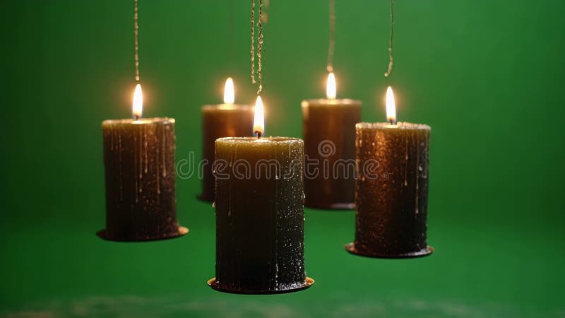 Five Candles Hanging on Strings Burning on Green Screen Background ...
