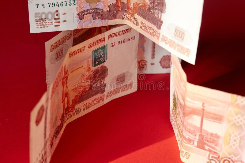 Five Thousands Russian Ruble Banknotes with Red Background Stock Photo ...