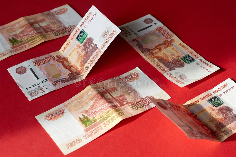 Five Thousands Russian Ruble Banknotes with Red Background Stock Image ...