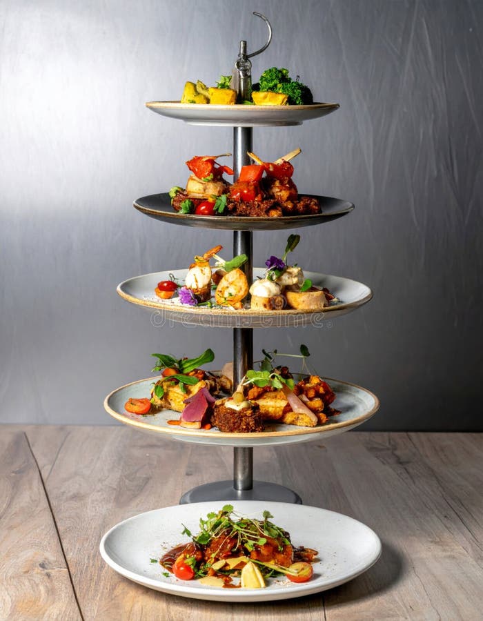 Five Tiered Food Stand with Appetizers and Meats in Elegant Restaurant ...