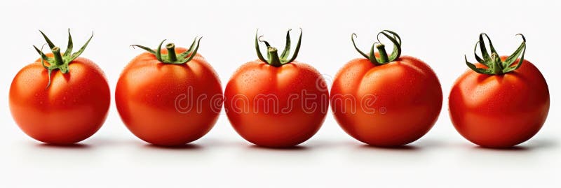 Five Tomatoes Lined Up in a Row on a White Background Stock ...
