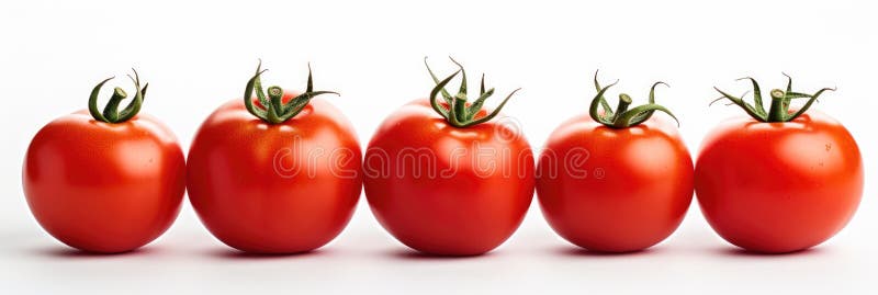 Five Tomatoes Lined Up in a Row on a White Background Stock ...