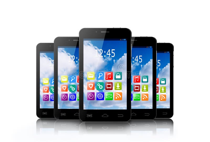 Five Touchscreen Smartphone with Application Icons Stock Illustration ...
