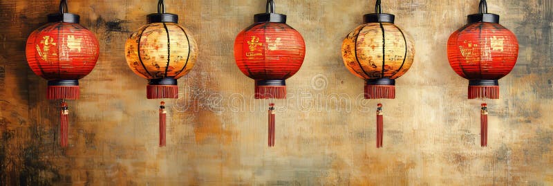 Five Traditional Chinese Lanterns with Red and Gold Designs on a ...