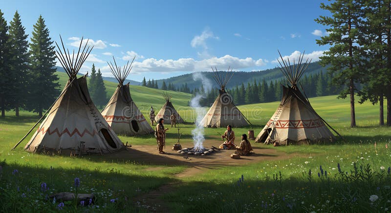 Five Traditional Teepees Stand in a Grassy Clearing Surrounded by Tall ...