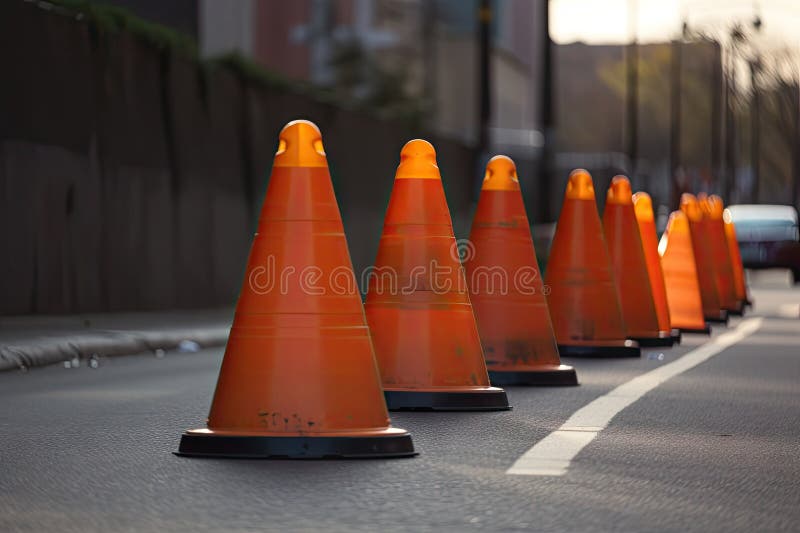 Five Traffic Cones in a Row, Creating Safe and Visible Pathway Stock ...