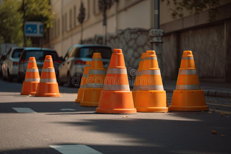 Five Traffic Cones in a Row, Creating Safe and Visible Pathway Stock ...