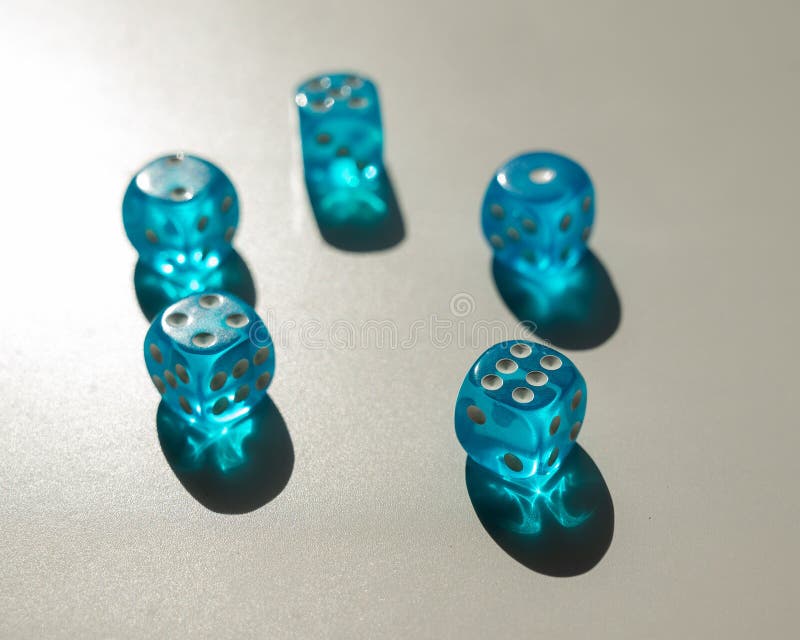 Five Transparent Blue Dice on a White Table. Stock Image - Image of ...