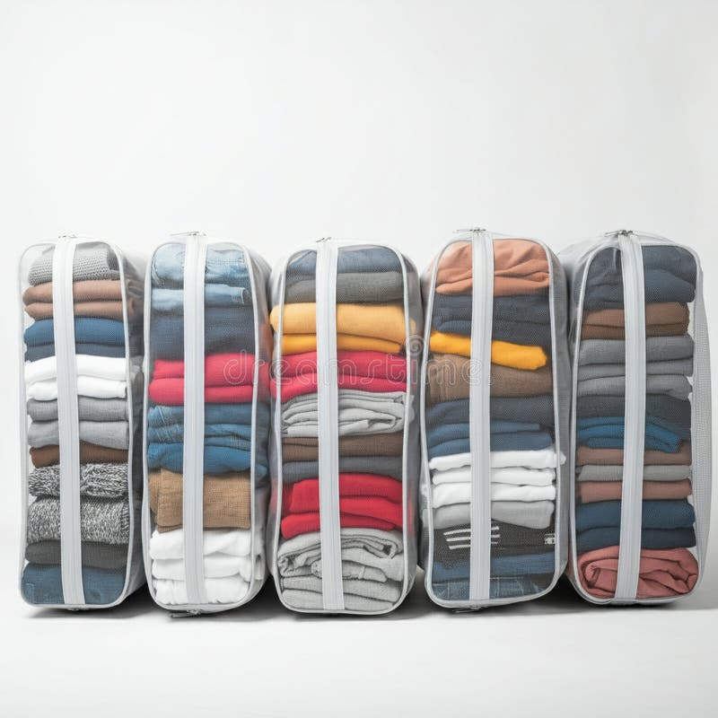 Five Transparent Packing Organizers Stand Vertically, Each Filled with ...