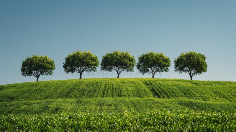 Five Trees Standing Tall on a Green Hilltop Under a Blue Sky Stock ...