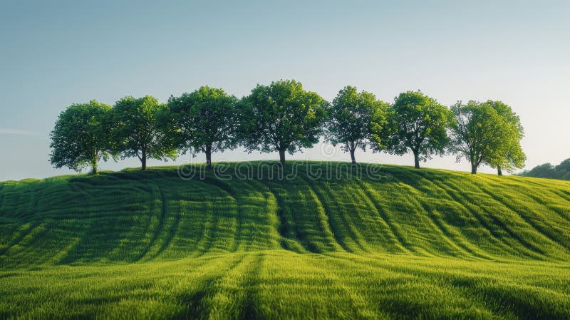 Five Trees Standing Tall on a Green Hilltop Under a Blue Sky Stock ...