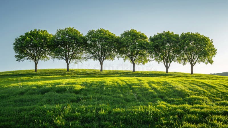 Five Trees Standing Tall on a Green Hilltop Under a Blue Sky Stock ...