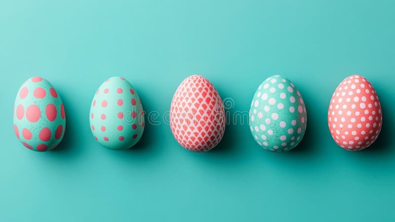 Five Turquoise and Coral Easter Eggs in Polka Dot Pattern on Turquoise ...