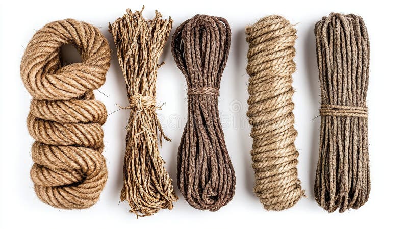 Five Types of Natural Fiber Rope and Twine Arranged on White Background ...