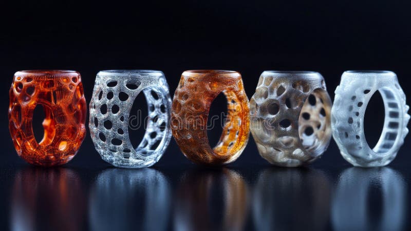 Five Unique 3D Printed Resin Rings with Varied Textures and Colors on ...