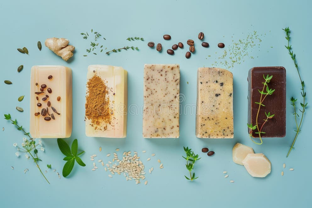 Five Unique Soap Types Displayed with Herbs and Spices Showcasing Their ...