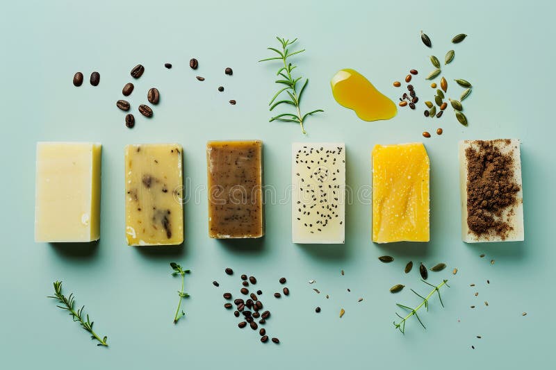 Five Unique Types of Soap Displayed Alongside Natural Herbs and Oils ...