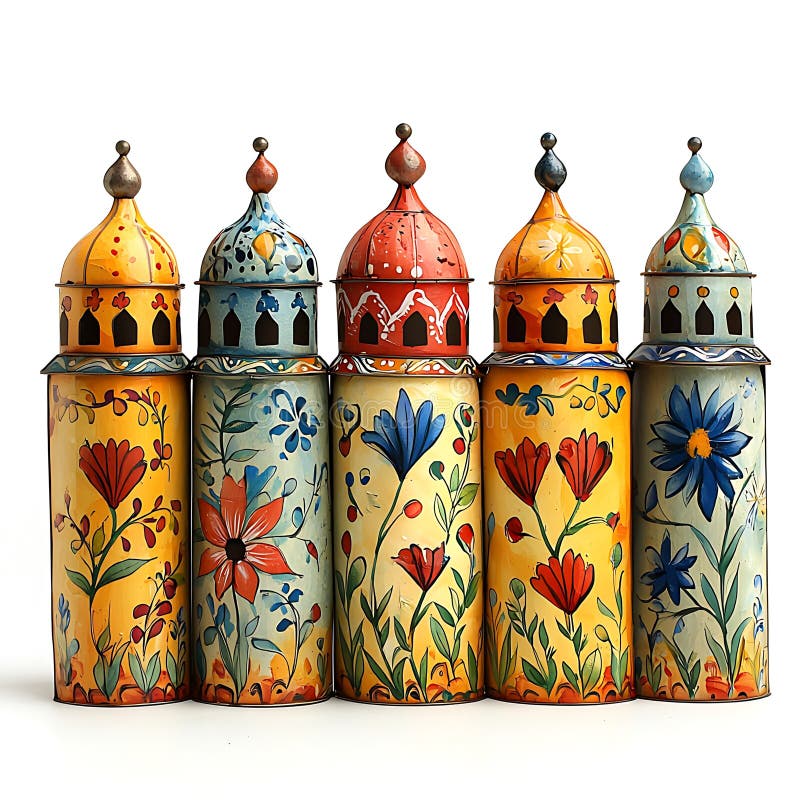 Five Vibrant HandPainted Metal Containers with Floral Motifs and ...