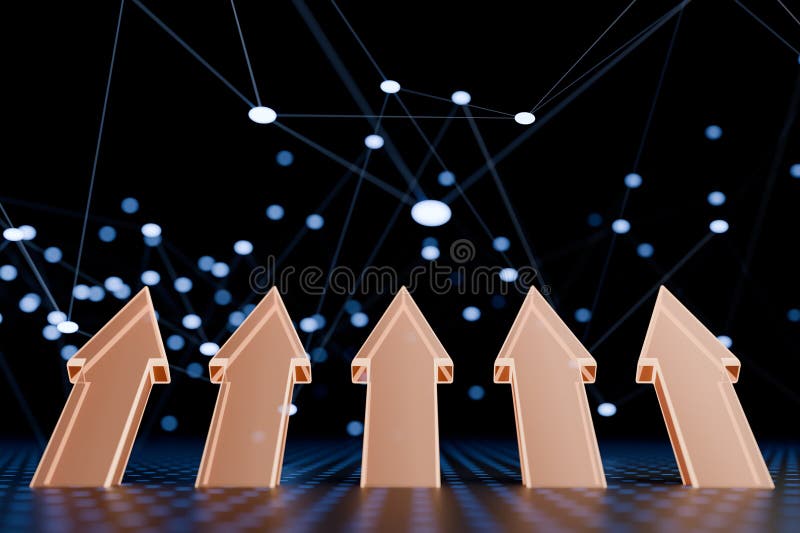 Five Upward Arrows with Digital Network Background, Symbolizing Growth ... Five Upward Arrows with Digital Network Background, Symbolizing Growth ...