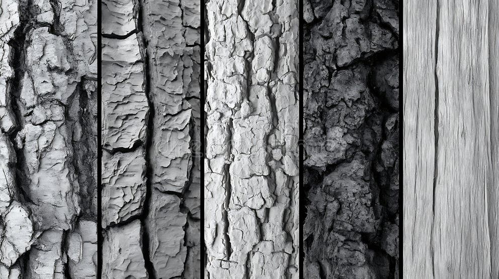 Five Vertical Strips Each Display Different Textures of Tree Bark. the ...