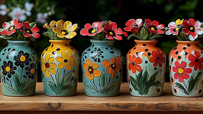 Five Vibrant Ceramic Vases, Each Handpainted with Unique Floral Designs ...