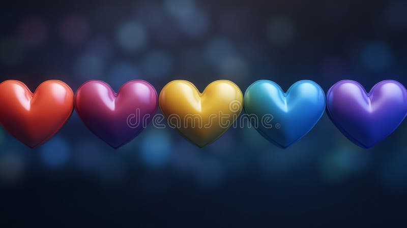 Five Vibrant 3D Hearts in a Row Against a Blurred Blue Background Stock ...