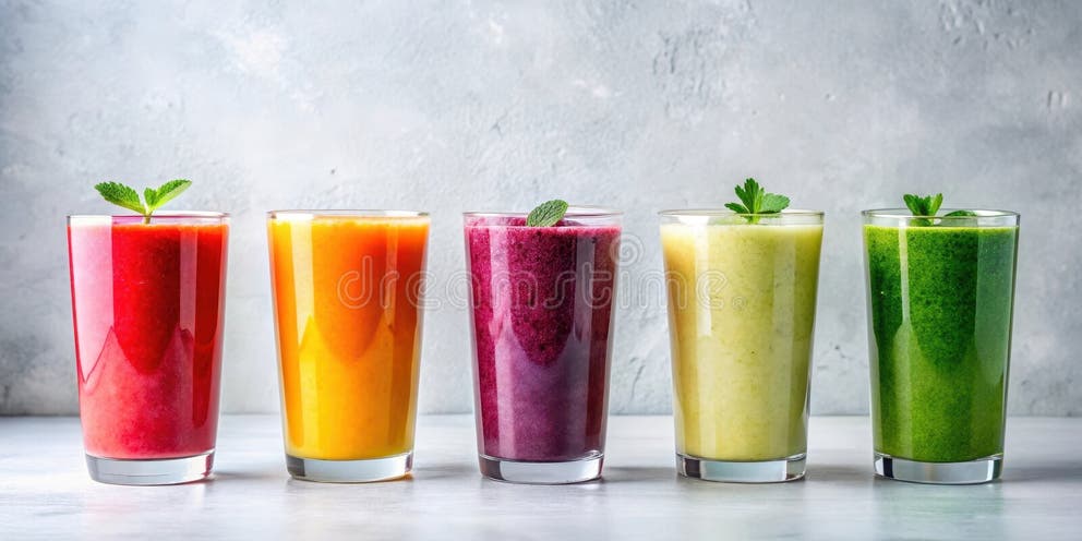 Five Vibrant Fruit and Vegetable Smoothies in Glasses. Generative AI ...