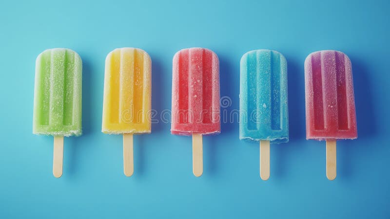 Five Vibrant Popsicles in Assorted Flavors are Lined Up on a Smooth ...
