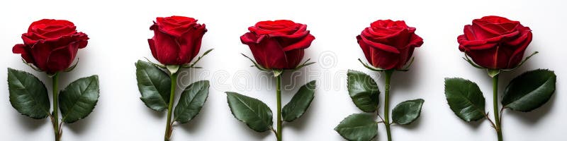 Five Vibrant Red Roses Isolated on White with Lush Green Leaves and ...
