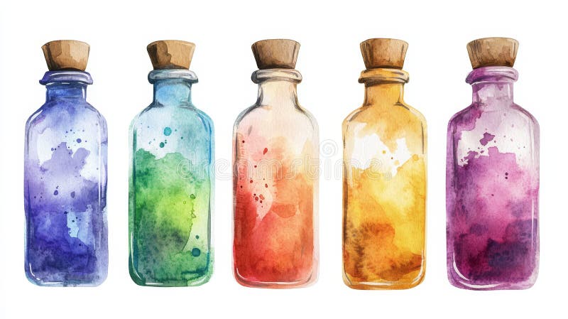 Five Vibrant Watercolor Potion Bottles Each Filled with a Different ...