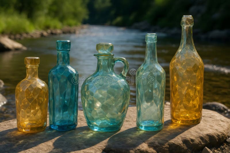 Five Vintage Glass Bottles and a Jug Standing on a Rock by the River ...