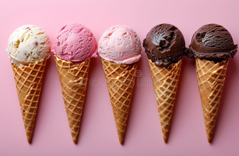 Five Waffle Cones with Different Ice Cream Flavors Stock Illustration ...