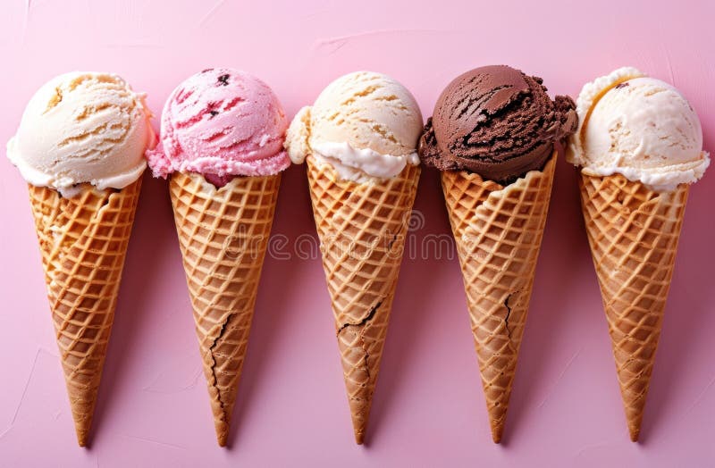 Five Waffle Cones with Different Ice Cream Flavors Stock Illustration ...